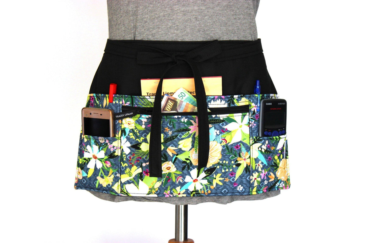 Half apron with pockets - zipper pocket apron - blue yellow floral ...