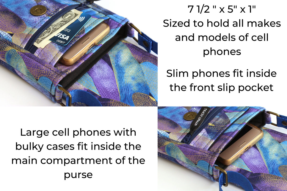 Small crossbody cell phone bag - blue purple and metallic gold fabric ...