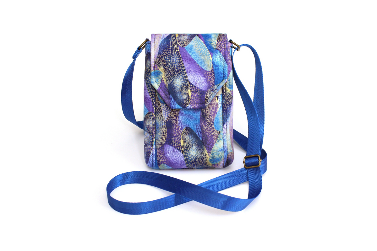 Small crossbody cell phone bag - blue purple and metallic gold fabric ...